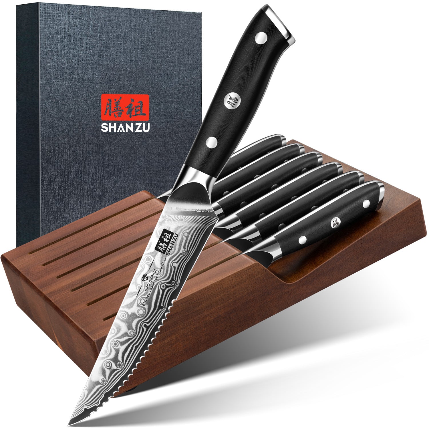 SHAN ZU PRO Series – 7-Piece Steak Knife Set, Damascus Steak Knives wi