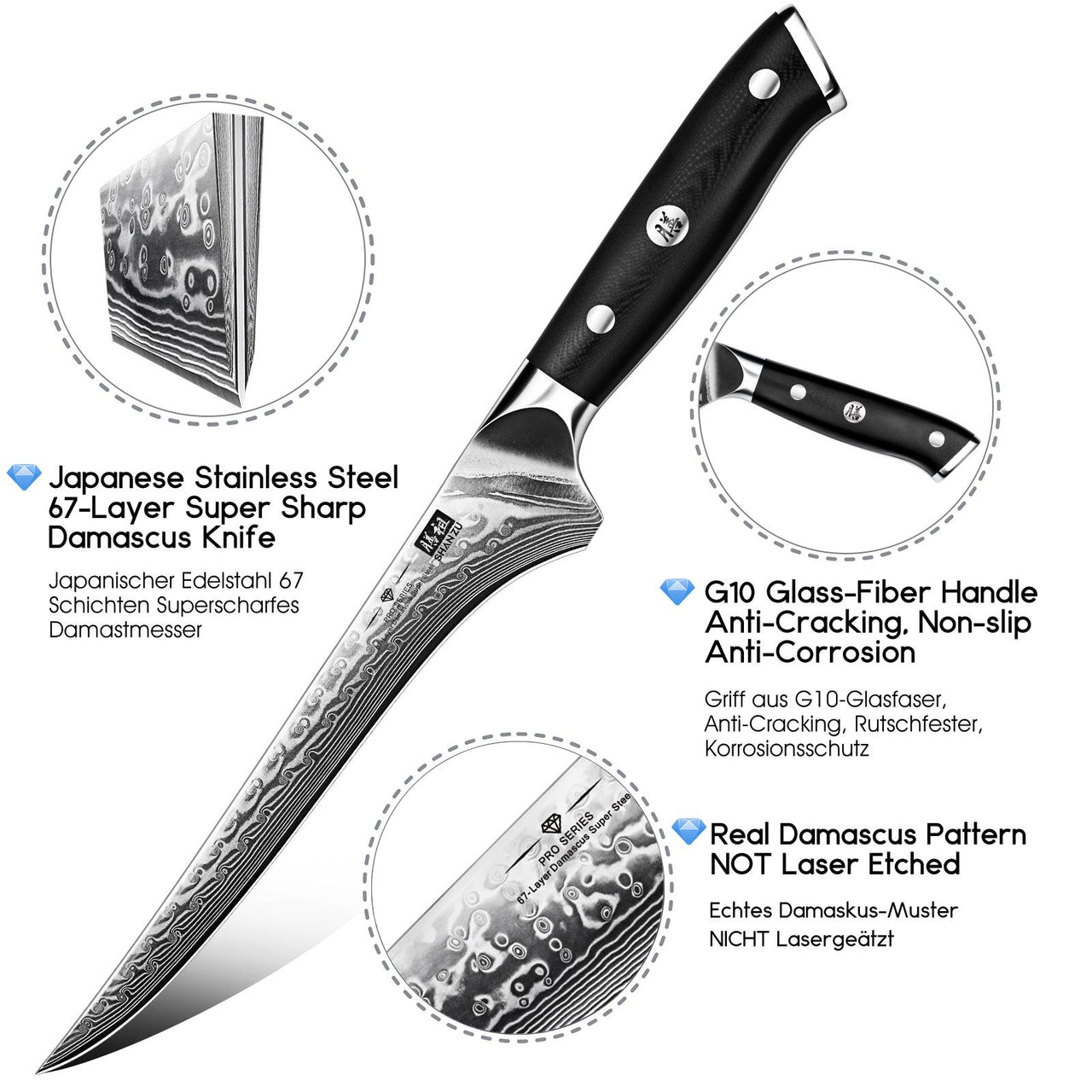 7" Damascus Fillet Knife | Moisture-Resistant Handle & Damascus Steel ...