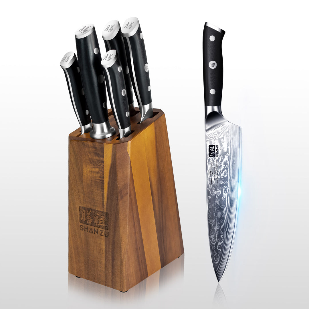 SHAN ZU Pro Damascus: Damascus Knife Set - Chef, Santoku, Nakiri ...
