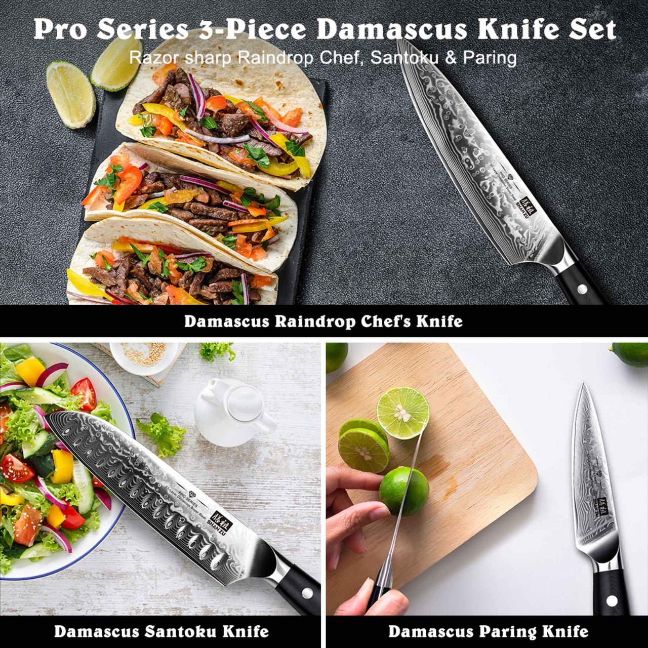 SHAN ZU Pro Damascus: Damascus Knife Set - Chef, Santoku, Nakiri ...