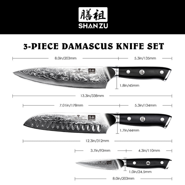 SHAN ZU Pro Damascus: Damascus Knife Set - Chef, Santoku, Nakiri ...