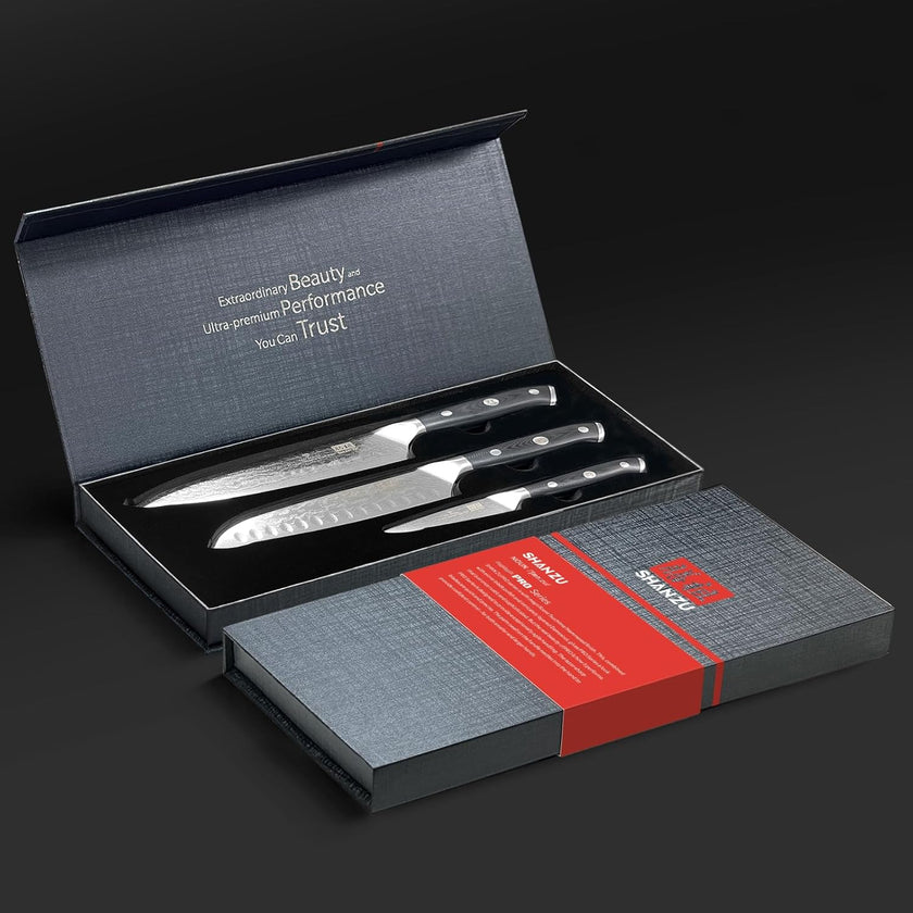 SHAN ZU Pro Damascus: Damascus Knife Set - Chef, Santoku, Nakiri ...