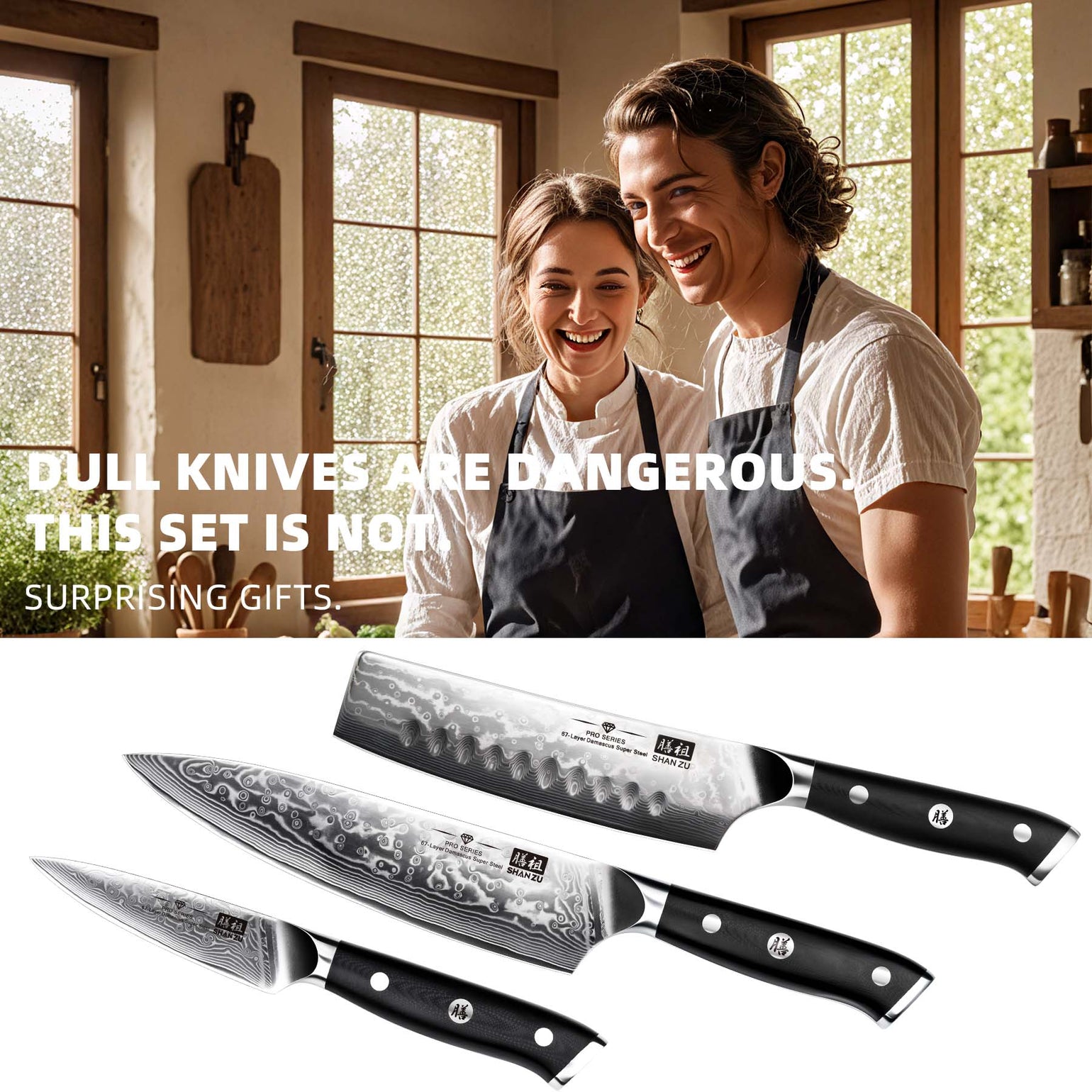 SHAN ZU Pro Damascus: Damascus Knife Set - Chef, Santoku, Nakiri ...