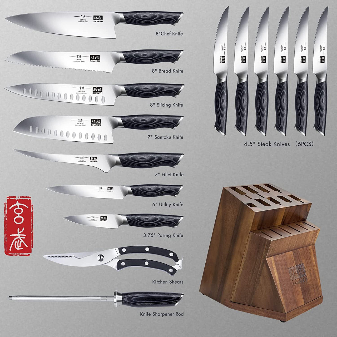 Japanese Steel Kitchen Knife Block Sets 16 Pieces - Professional ...