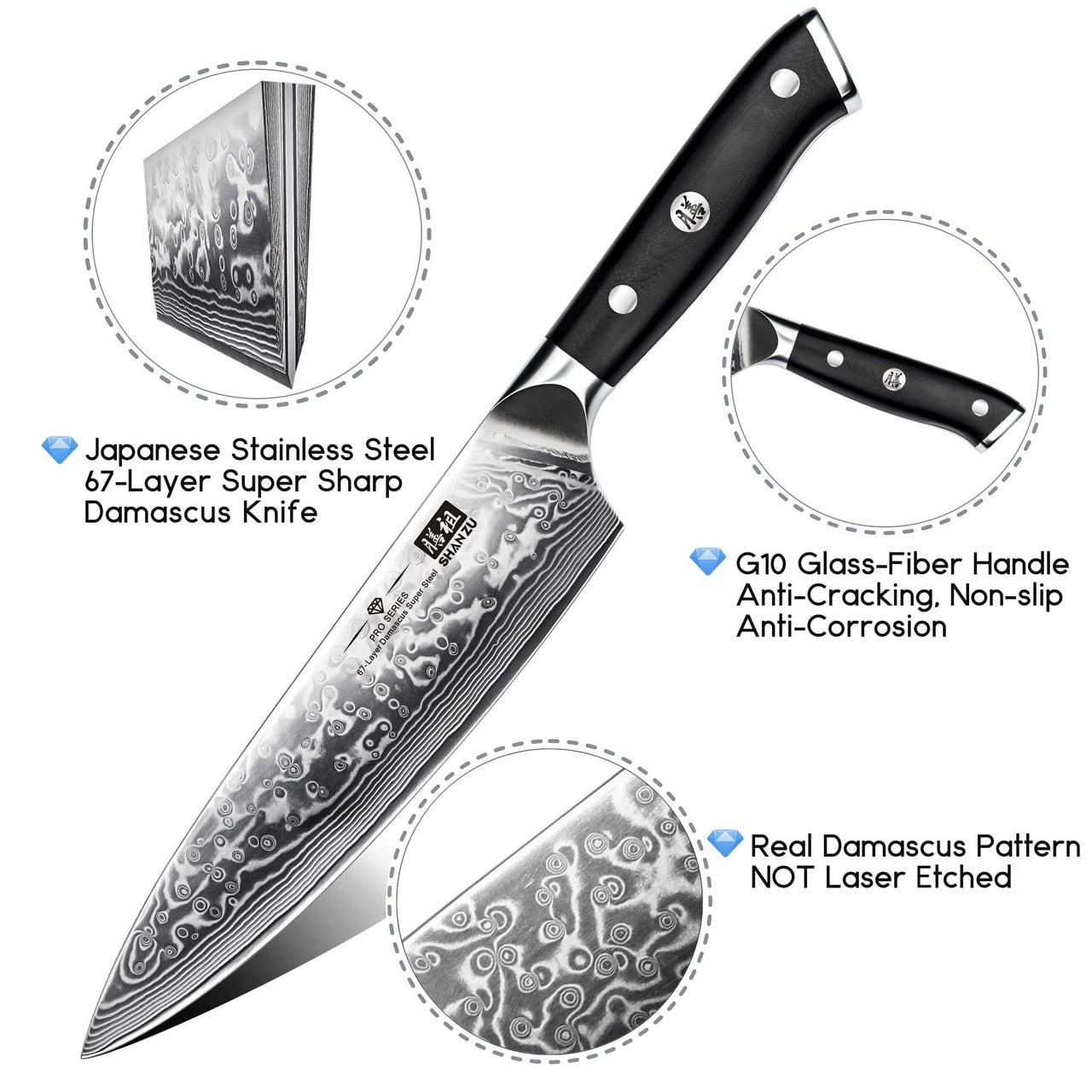 SHAN ZU Pro Damascus: Damascus Knife Set - Chef, Santoku, Nakiri ...