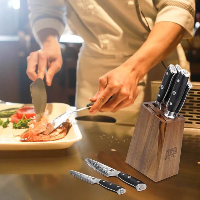 SHAN ZU Pro Damascus: Damascus Knife Set - Chef, Santoku, Nakiri ...