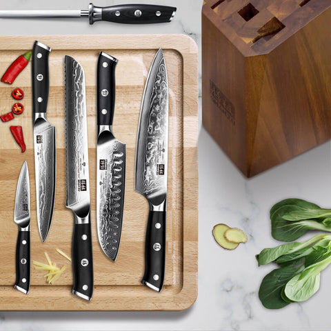 SHAN ZU Pro Damascus: Damascus Knife Set - Chef, Santoku, Nakiri ...